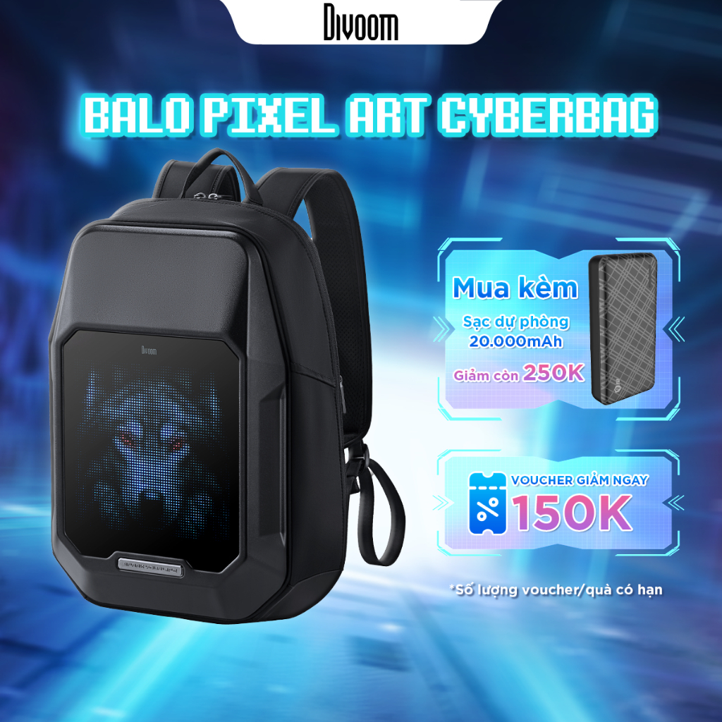 Balo DIVOOM Cyberbag 64x64 pixel, màn hình LED hiển thị pixel art, ngăn ...