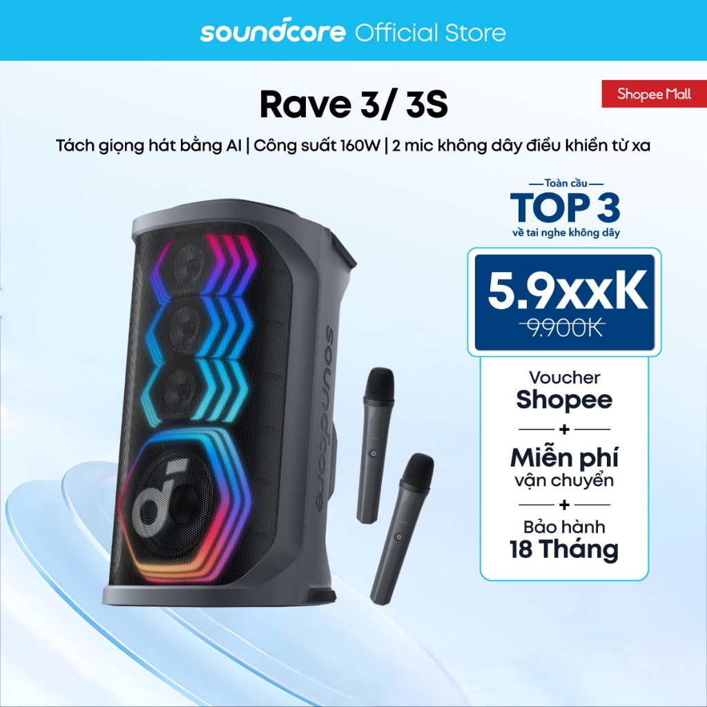 Loa bluetooth karaoke party soundcore Rave 3/ Rave 3S | Công suất 200W ...