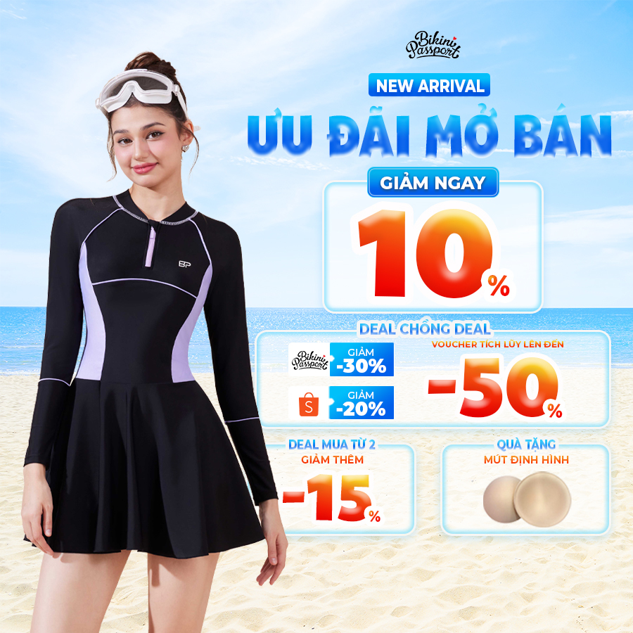 Bộ đồ bơi Nữ BIKINI PASSPORT kiểu Một mảnh váy tay dài liền thân 4 kim - Đen Tím - BS1037_PP ...