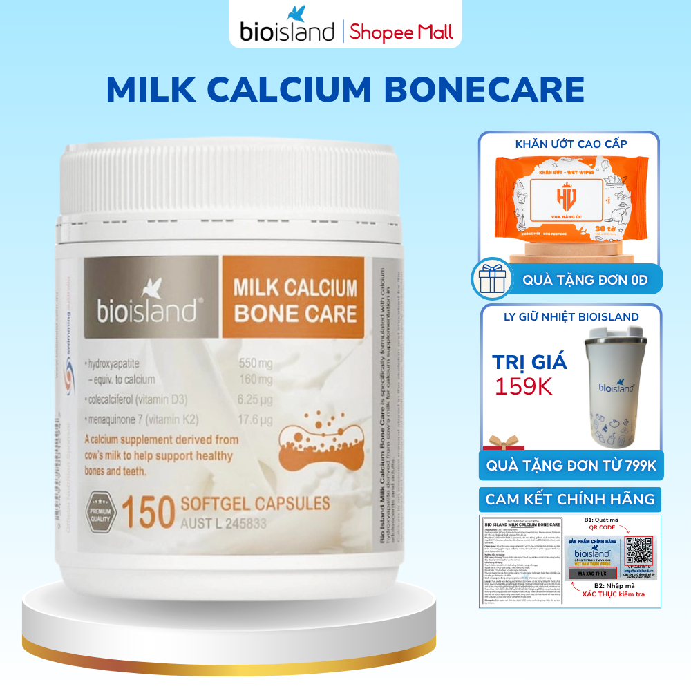Canxi hữu cơ Bioisland Milk Canxi Bone Care bổ sung vitamin D3 & K2 chống còi xương, dị tật thai ...
