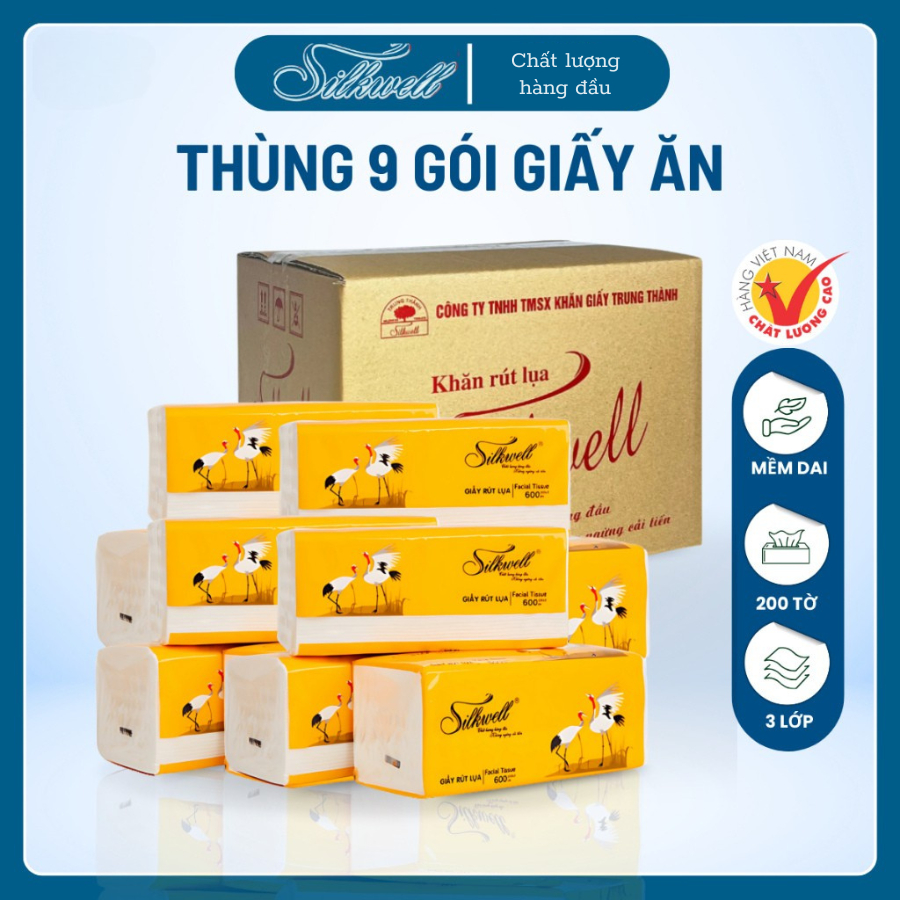 Thùng 9 gói Giấy ăn cao cấp Silkwell Sếu 200 tờ 3 lớp siêu dai, mềm mịn ...