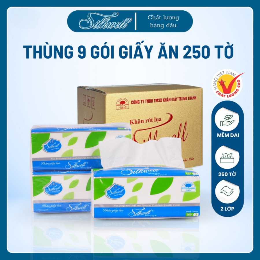 Giấy rút Silkwell Thùng 9 gói 250 tờ 2 lớp, Khăn giấy rút cao cấp siêu ...