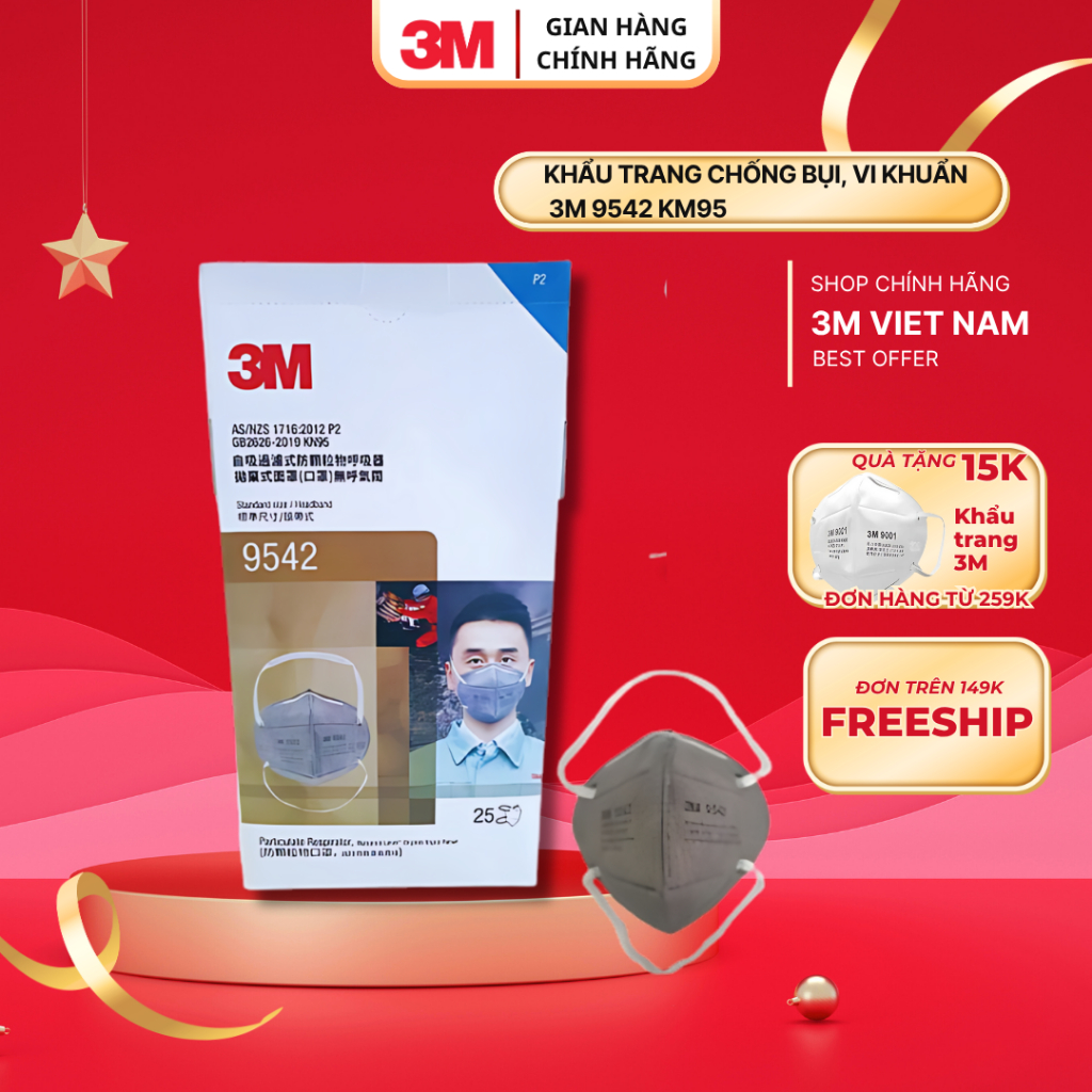 Khẩu Trang 3M 9542 than hoạt tính Lọc 95% Bụi Mịn PM2.5 & Khí Thải đạt chuẩn N95 - 25 cái/ hộp ...
