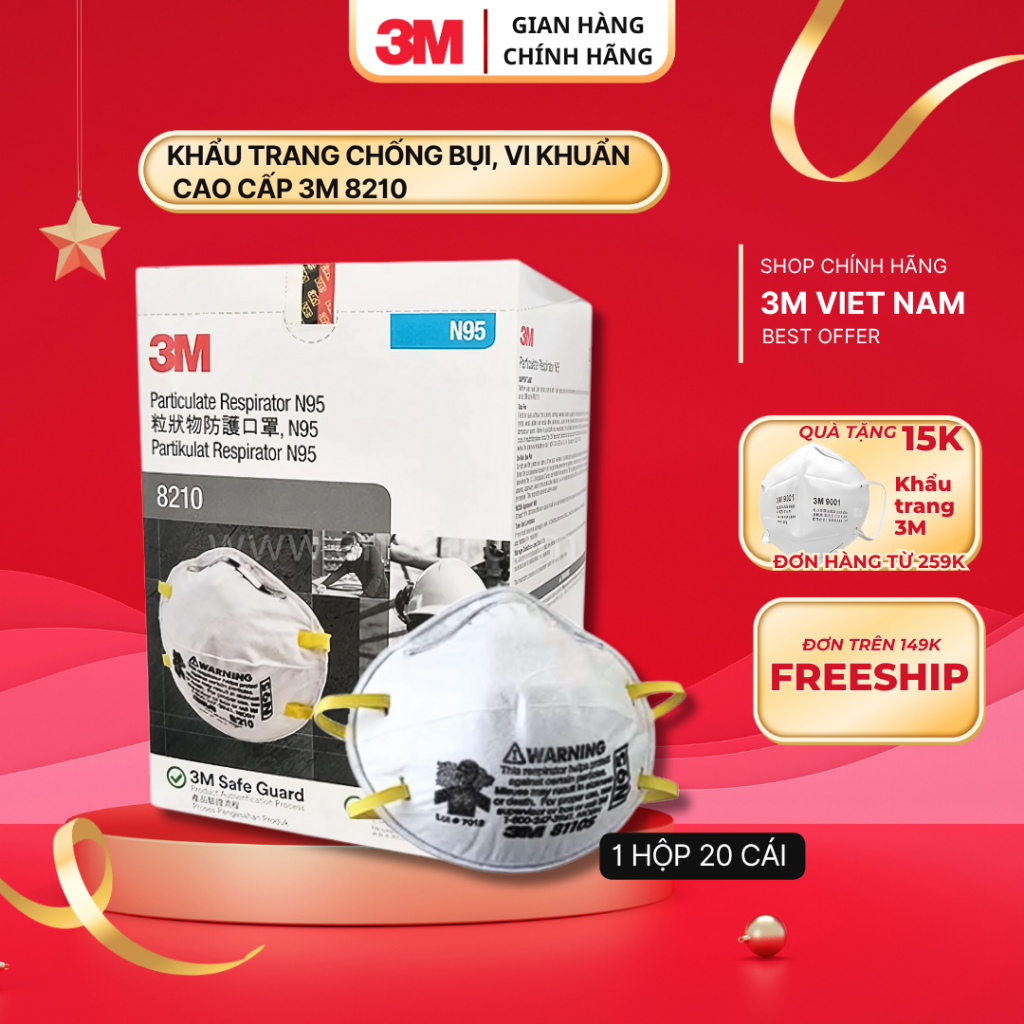 [1 hộp - 20 cái] Khẩu Trang 3M™ 8210 Lọc 95% Bụi Mịn PM2.5 & Khí Thải Chuẩn N95 | Shopee Việt Nam