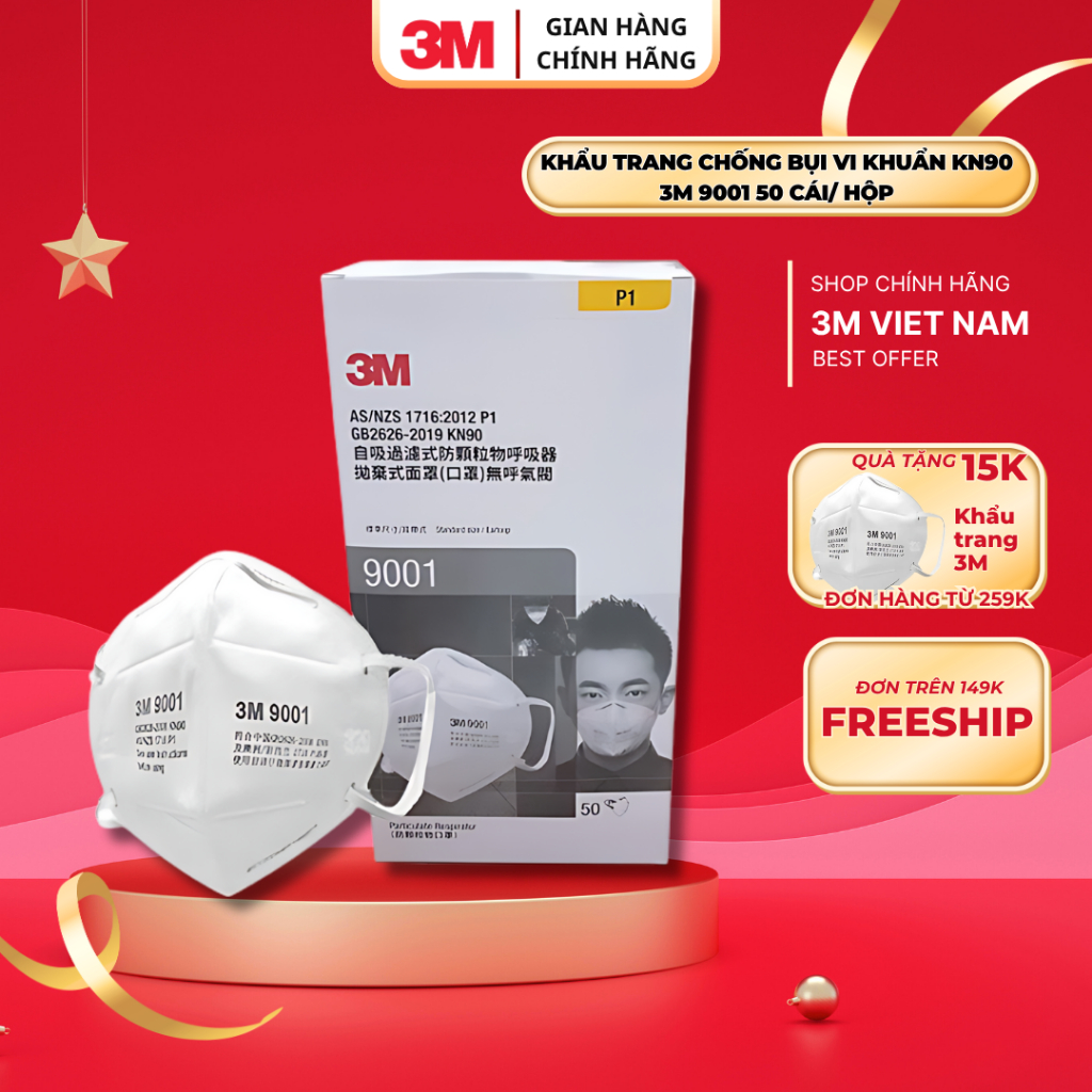 Khẩu Trang 3M™ 9001 Lọc 90% Bụi Mịn PM2.5 & Khí Thải Chuẩn N90 | Shopee ...