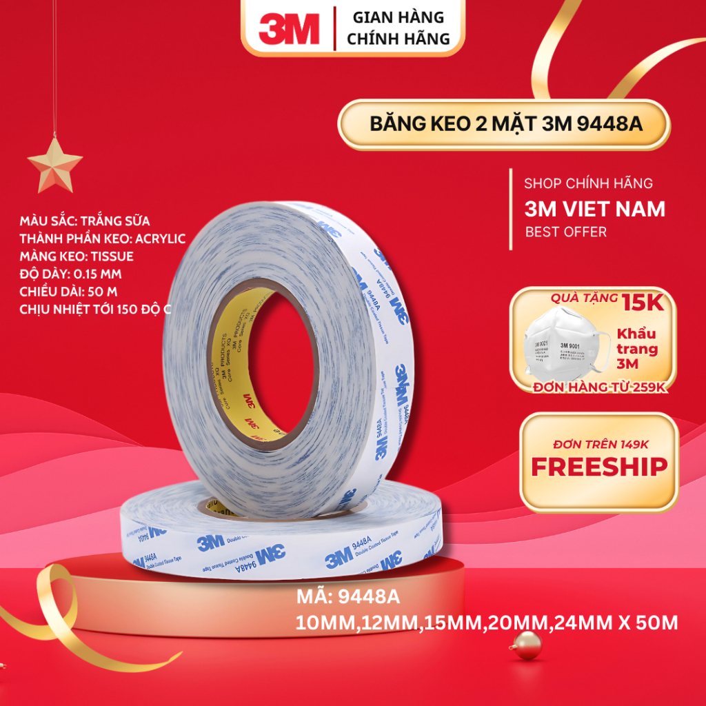 Băng keo 2 mặt mỏng 3M™ Double Coated Tissue Tape 9448A - nhiều size - Trắng xanh | Shopee Việt Nam