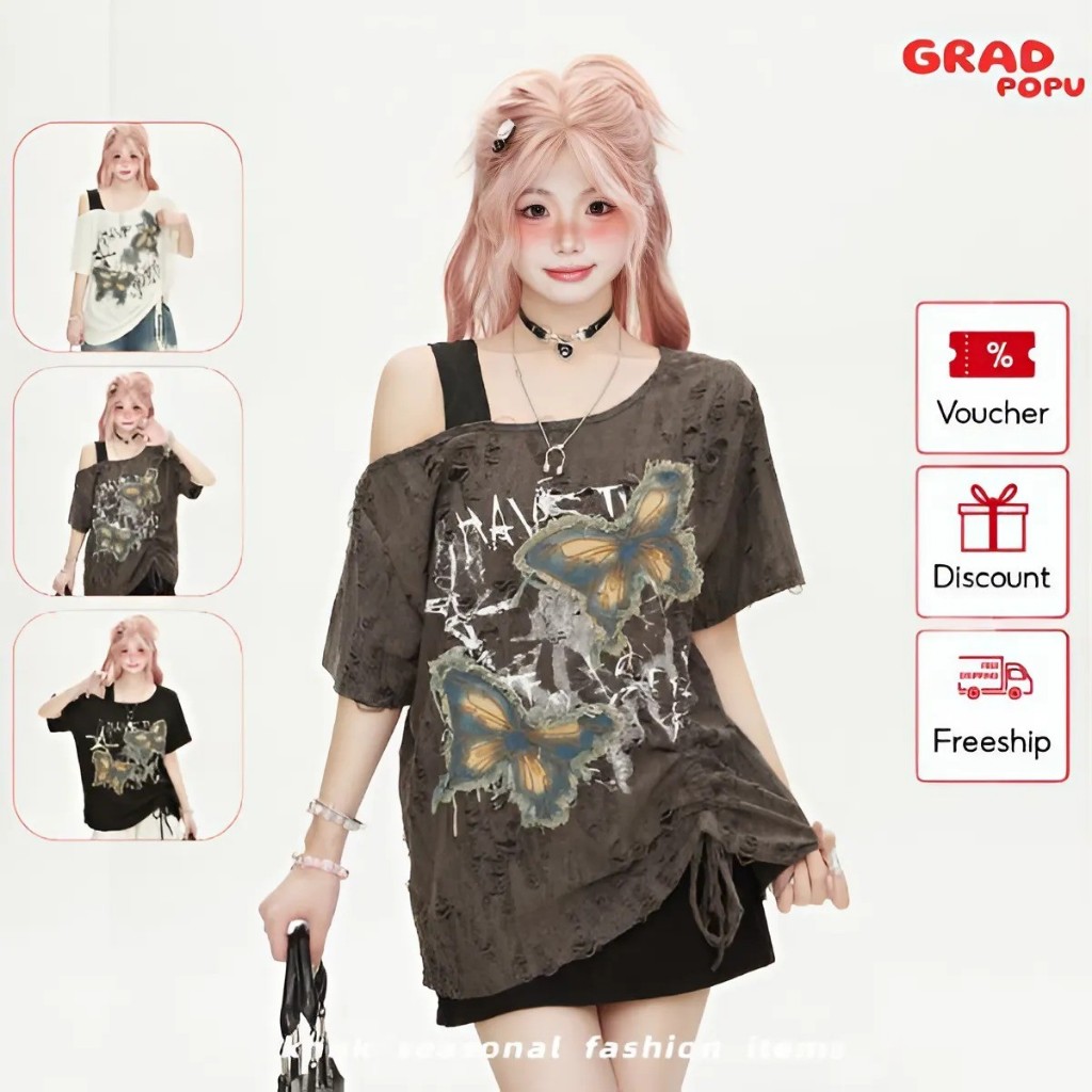 Áo kiểu nữ GRADPOPU tay ngắn hở vai dây rút thêu bướm phong cách ...