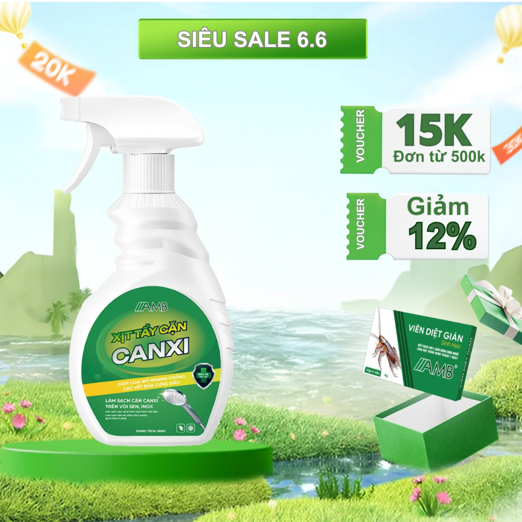 Chai tẩy cặn canxi nhà tắm AMB làm sạch vòi sen inox, vách kính, bồn sứ ...