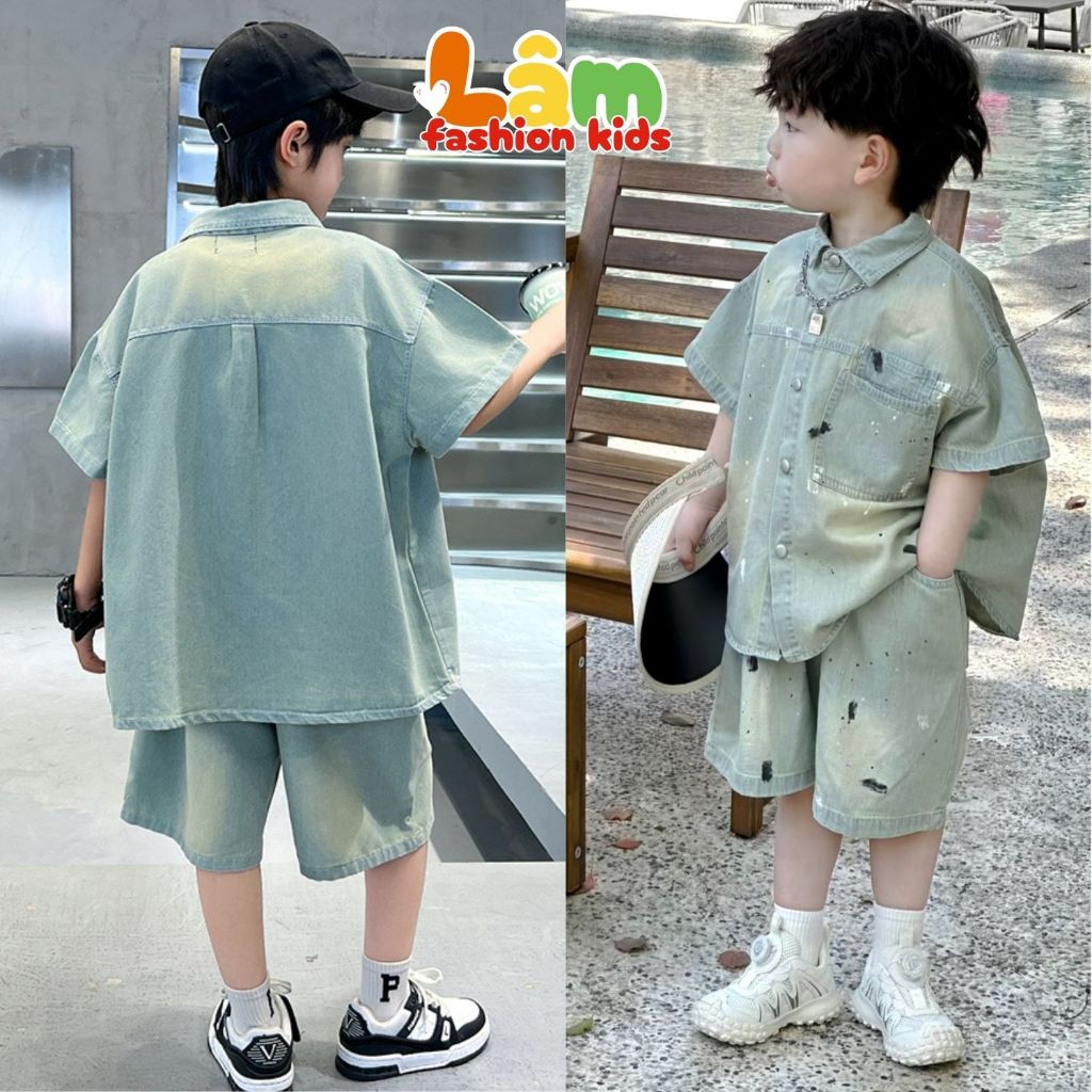 Set Jean Bé Trai Vẩy Sơn Cá Tính 14-45Kg Bộ Quần Đùi Áo Sơ Mi Cộc Tay ...