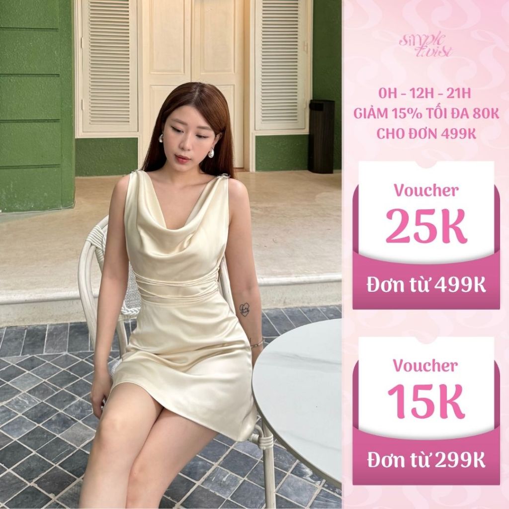 Đầm cổ đổ thắt nơ ở eo màu kem VENUS đơn giản, sang trọng - Simple ...