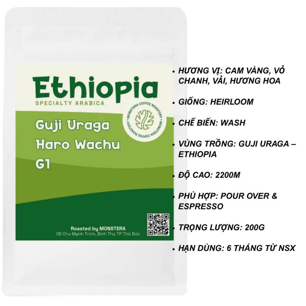 Cà phê Ethiopia Guji Uraga Haro Wachu G1| chế biến Wash | Rang Light + | Trọng lương 200g | chín ...