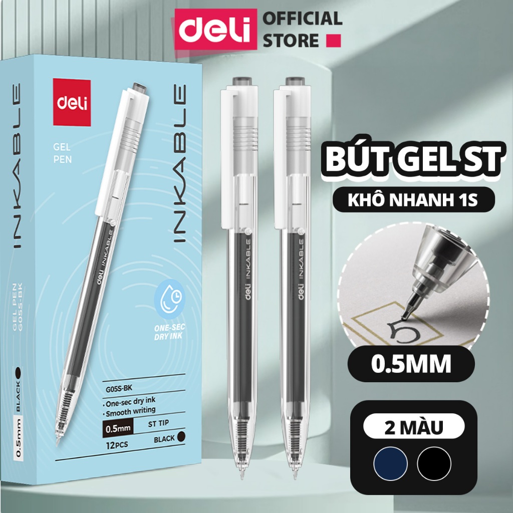 Bút Gel Bấm Deli Ngòi ST 0.5mm Nhanh Khô Mực Xanh/Đen Nét Viết Trơn Tru ...