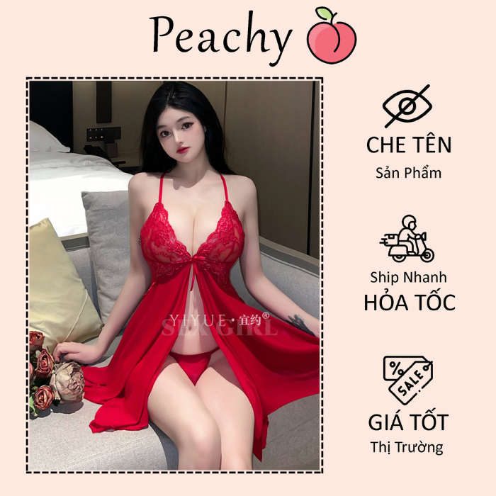 Váy ngủ ren xuyên thấu xẻ tà siêu xinh quyến rũ đầm 2 dây mặc nhà phối nơ tặng chip gợi cảm ...