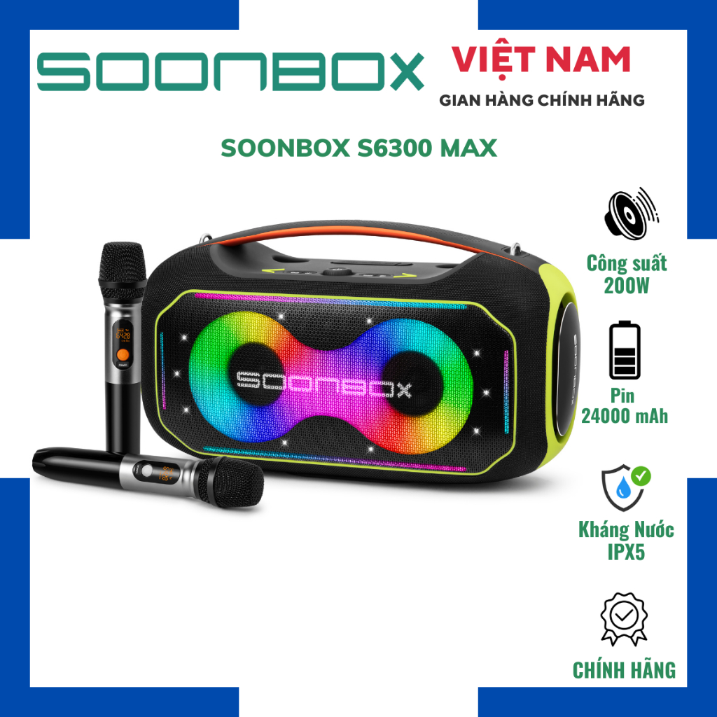 Loa Karaoke Soonbox S6300 Max Bluetooth 5.3 Công Suất 200W Bass Mạnh, Kèm Micro, Đèn Led RGB ...