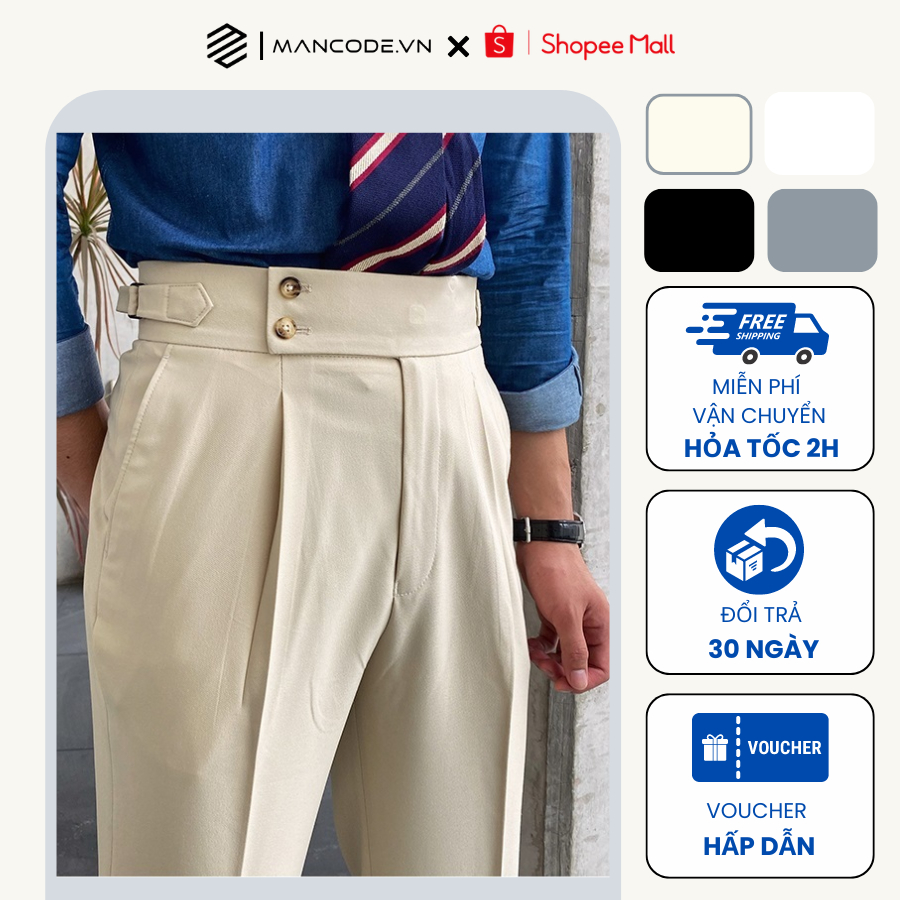 Quần âu nam cạp cao Sidetab 2 khuy baggy suông đen, quần âu nam hàn quốc lưng cao công sở cao ...