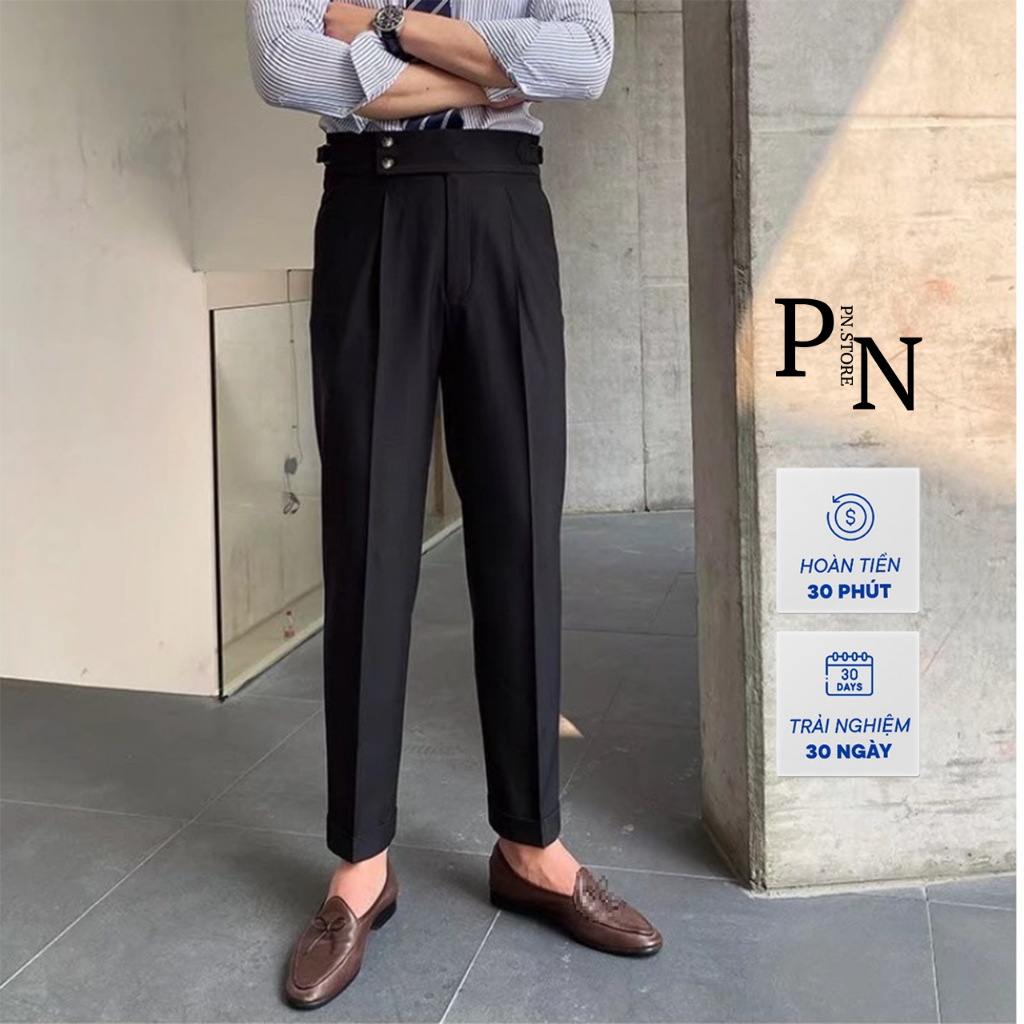 Quần Âu Nam Cạp Cao PN STORE Sidetab 2 Khuy Baggy Suông Đen, Quần Âu Nam Hàn Quốc Lưng Cao Công ...