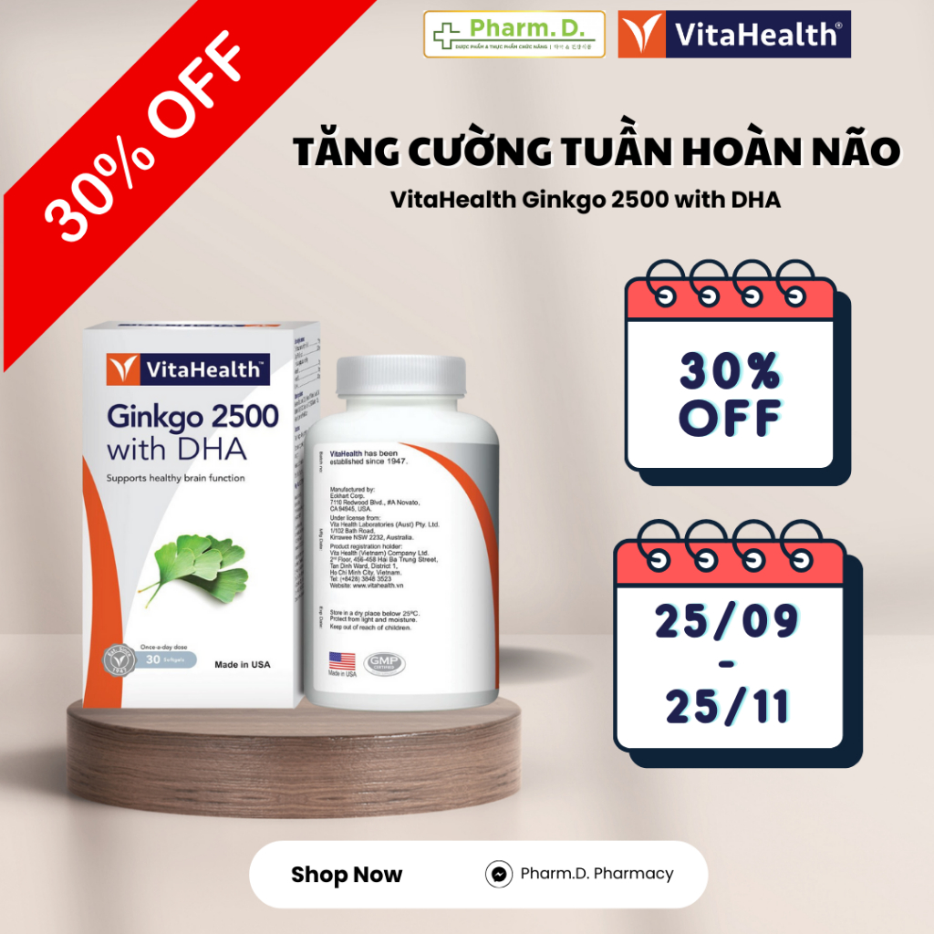 [CHÍNH HÃNG] Viên Uống VITAHEALTH Ginkgo 2500 With DHA Giúp Bổ Não (Hộp ...