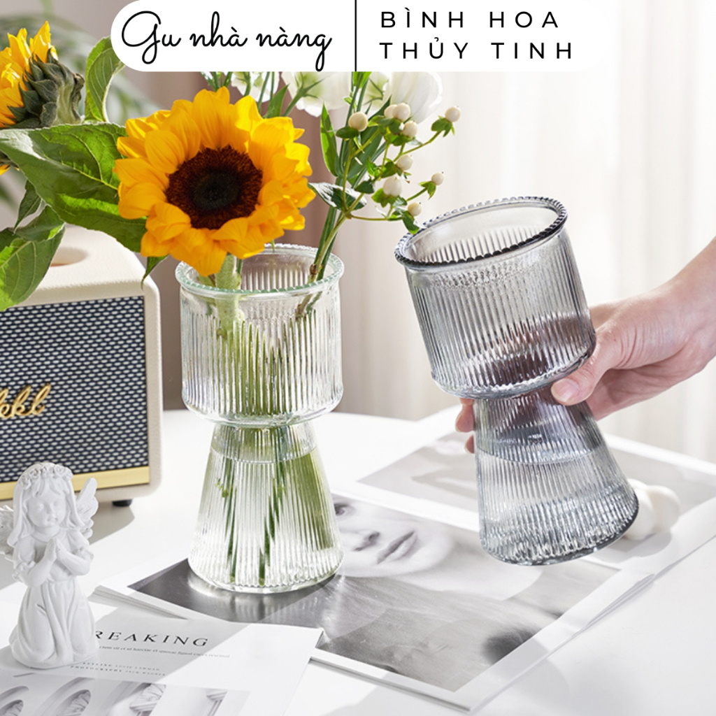 Lọ hoa thủy tinh chân đế, bình hoa thủy tinh Gu Nhà Nàng BT054 cắm hoa trang trí bàn làm việc ...