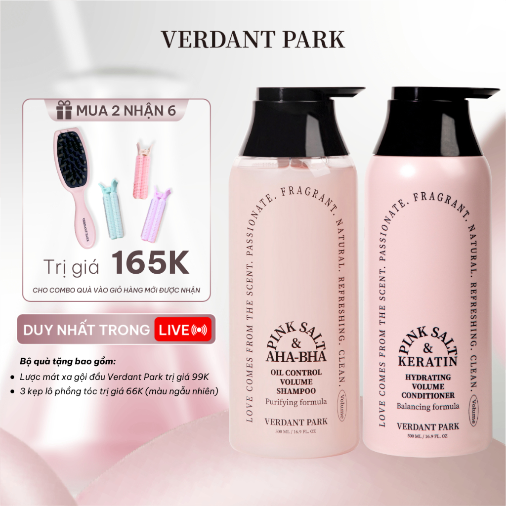 Bộ đôi Dầu Gội Xả VERDANT PARK 500ml muối hồng Himalaya AHA BHA kiềm ...