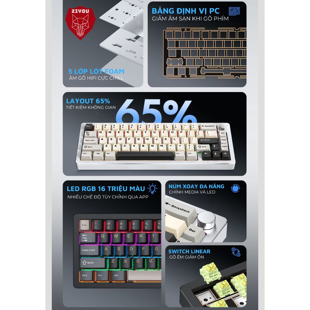 Bàn Phím Cơ Bluetooth Không Dây 3 Mode Ziyou Dark Alien R65 RGB Khung ...