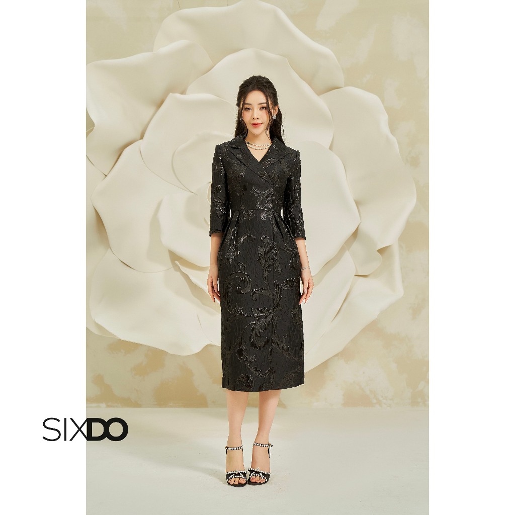 Đầm gấm đen tay lỡ cổ vest SIXDO (Black Midi Brocade Dress) | Shopee ...