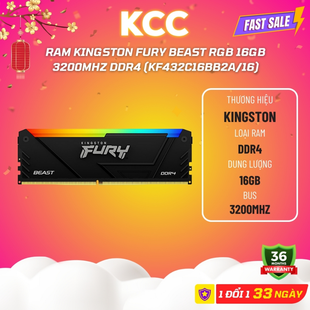 Ram Kingston Fury Beast RGB 3200MHz DDR4 8GB/KF432C16BB2A/8 - 16GB/KF432C16BB2A/16 - Mới, BH 3 ...