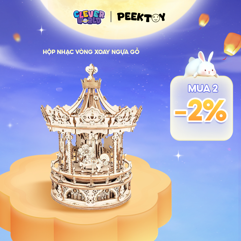 Mô hình lắp ráp hộp nhạc gỗ dây cót Robotime Rork vòng quay ngựa gỗ, mô ...