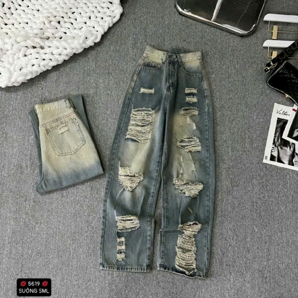 Quần baggy Jean nữ ống rộng lưng cao Wash xanh bụi rách kiểu tua trước sau TH5349 | Shopee Việt Nam