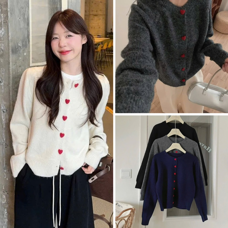 [ HÀNG LOẠI 1 ] Áo cadigan len cổ tròn cúc tim basic dễ mix đồ | Shopee ...