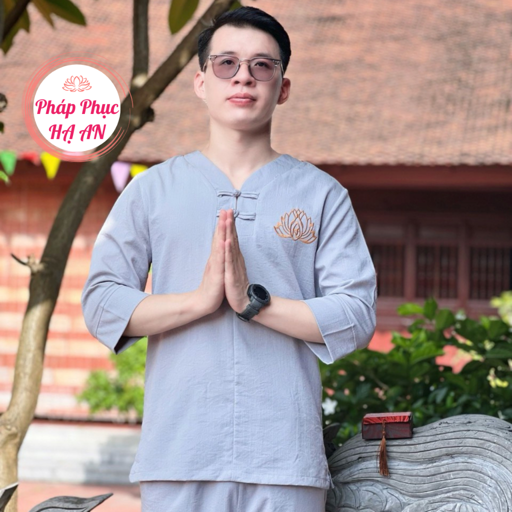 Bộ đồ đi chùa nam cổ V khuy tết thêu sen Pháp phục đi chùa nam tay lỡ vải đũi Đồ lam đi lễ cho ...