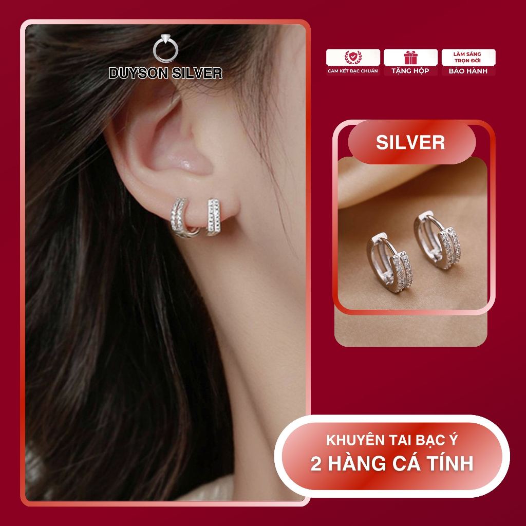 Khuyên tai bạc nữ vòng vuông, tròn kép bạc Ý 925 mạ vàng trắng cao cấp ...