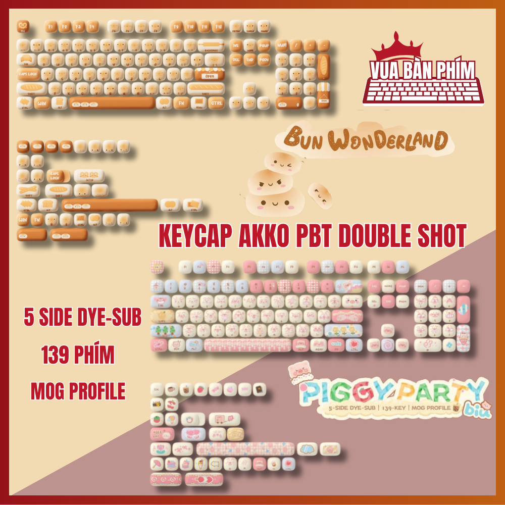 Bộ keycap Akko cao cấp Mantou Paradise , Pig Party chất liệu pbt in nhiệt Dysesub, profile Mog ...
