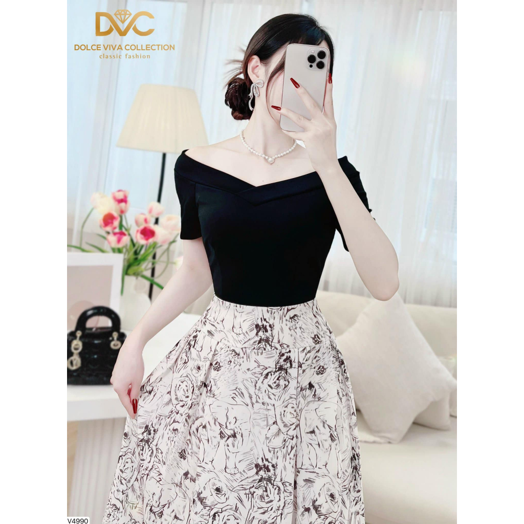 V4990 VÁY ĐEN CỔ TIM PHỐI CHÂN VÁY HOẠ TIẾT BASIC THANH LỊCH - DVC Chính Hãng | Shopee Việt Nam