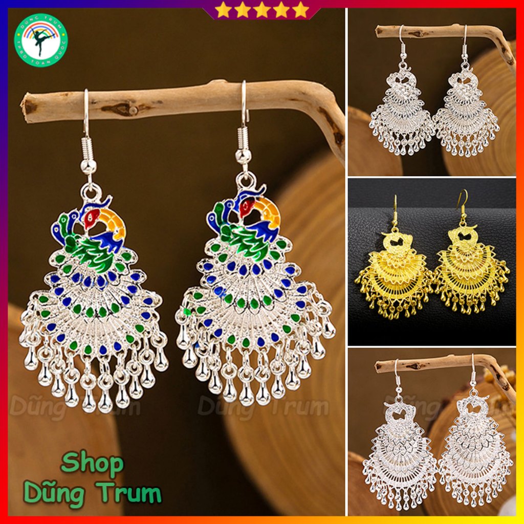 Bông tai dài họa tiết chim công phong cách Bohemian, khuyên tai dài cổ trang C872 | Shopee Việt Nam
