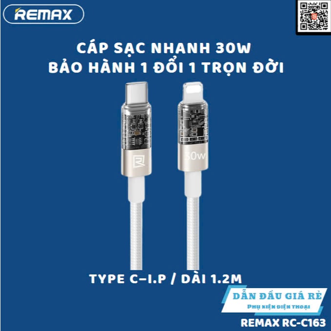 Cáp sạc nhanh 30W REMAX RC-C163 Cổng : Type C – I.P / Dài 1.2m ...