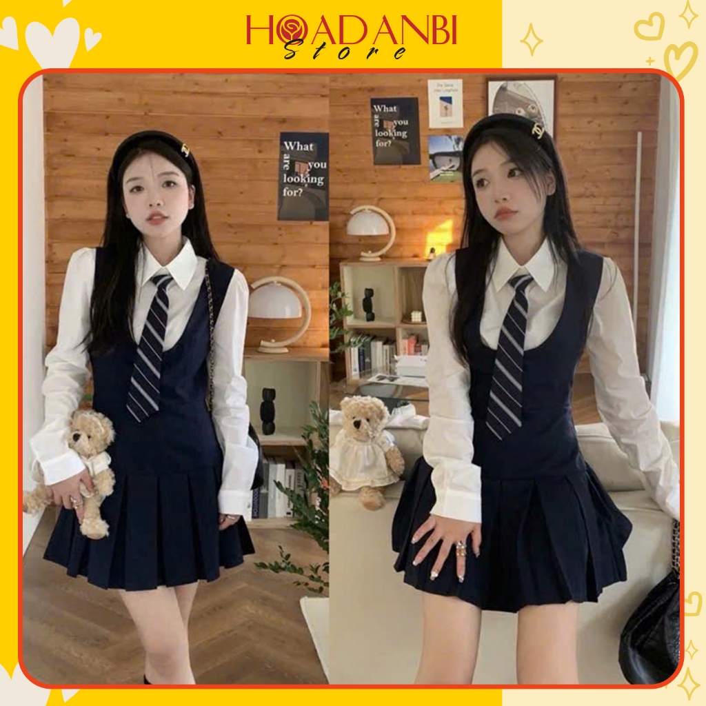 Set Áo Sơmi Trắng Kèm Cavat Rời Mix Yếm Xếp Ly Phong Cách Hàn Quốc, Set váy yếm siêu xinh ...