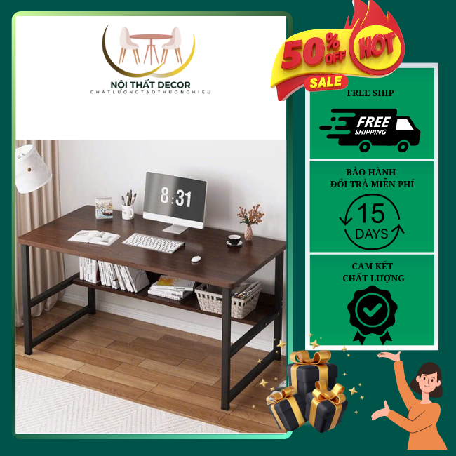 Bàn làm việc có kệ sách gác lửng tiện lợi U0208, khung chân chử U liên ...