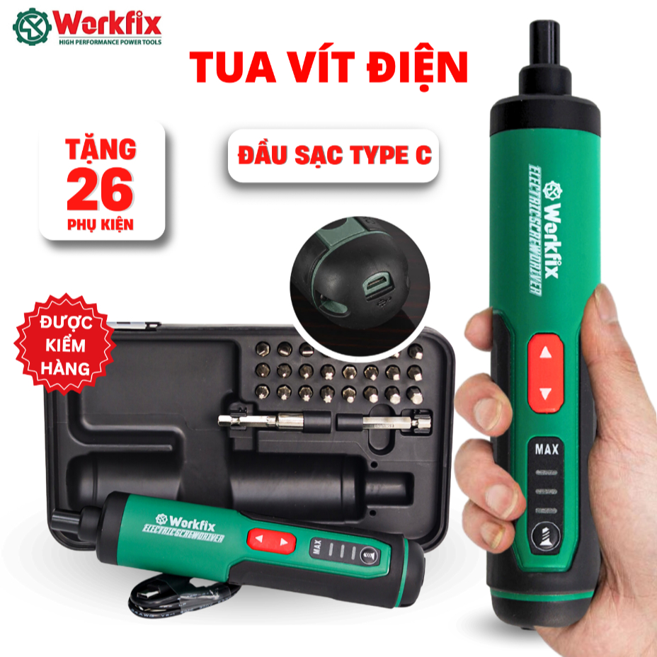 Máy Khoan Vít Cầm Tay WORKFIX Bắn Vít Pin Đa Năng Kèm 26 Phụ Kiện Kèm Sạc Và Hộp Đựng- Bảo Hành ...