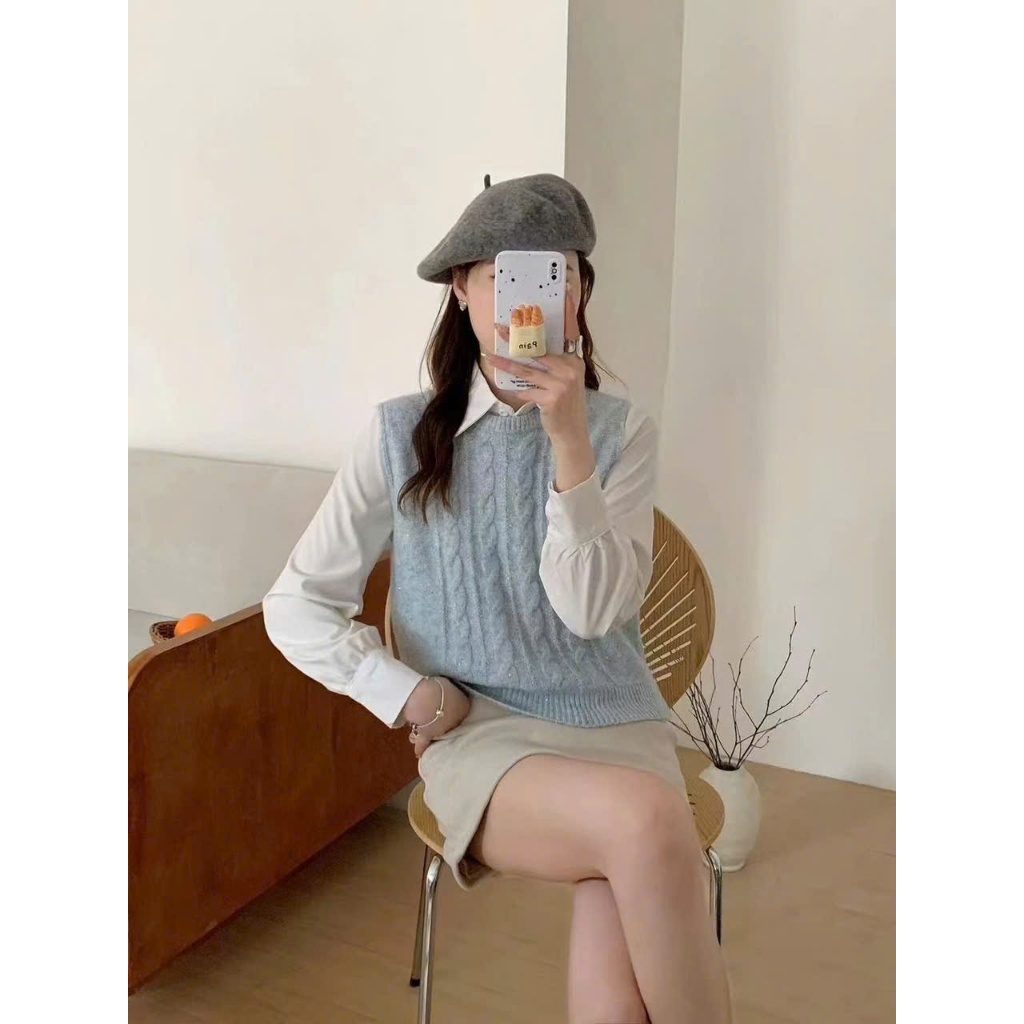 Áo gile len phong cách retro Hàn Quốc, áo gile len vặn thừng | Shopee ...