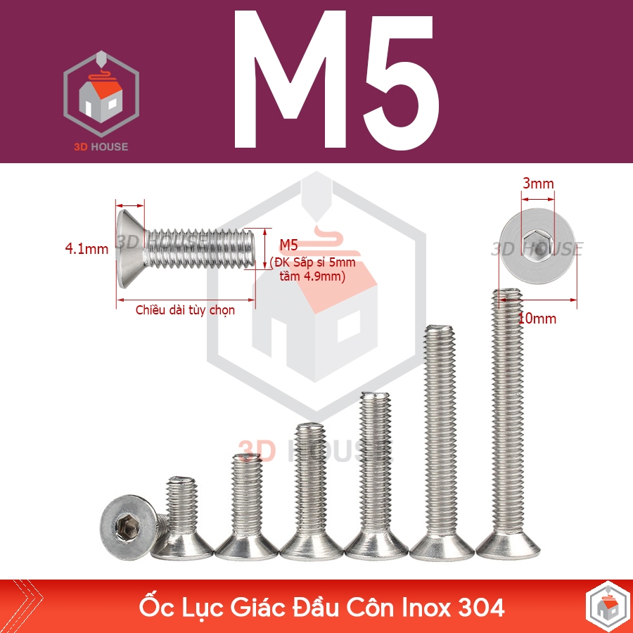Ốc - Bulong Lục Giác Inox 304 Đầu Côn M5 Đủ Size - 10 con | Shopee Việt Nam