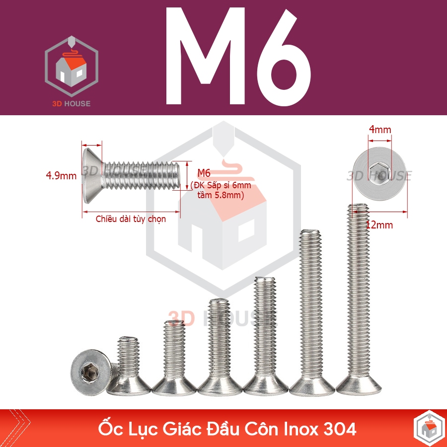 Ốc - Bulong Lục Giác Inox 304 Đầu Côn M6 Đủ Size - 10 con | Shopee Việt Nam