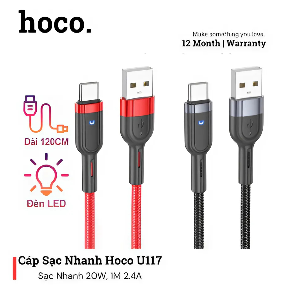 Hoco Chính Hãng - Cáp Sạc Nhanh Hoco U117 Tự Ngắt, Đèn LED, Dây Bọc Dù Chắc Chắc, Chống Đứt ...