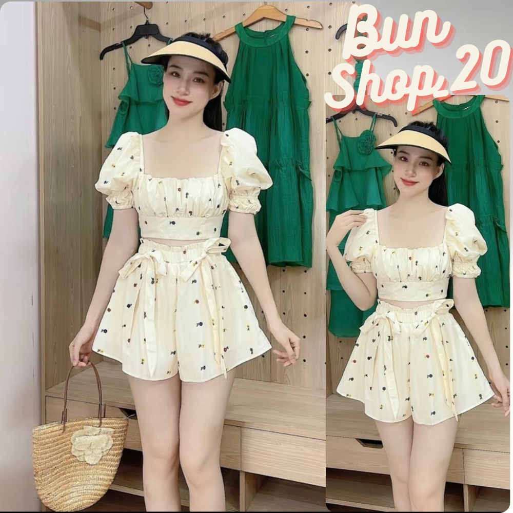 Set áo crotop cổ vuông tay bồng + Quần short thắt nơ cực xinh, Chất đũi ...