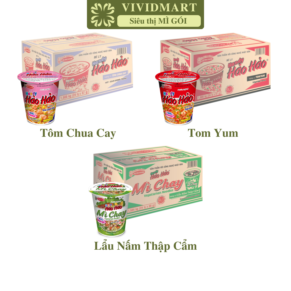 [Thùng 24 ly] - ACECOOK - Mì Ly Handy Hảo Hảo 3 Vị: Tôm Chua Cay, Lẩu Nấm Thập Cẩm Chay, Tomyum ...