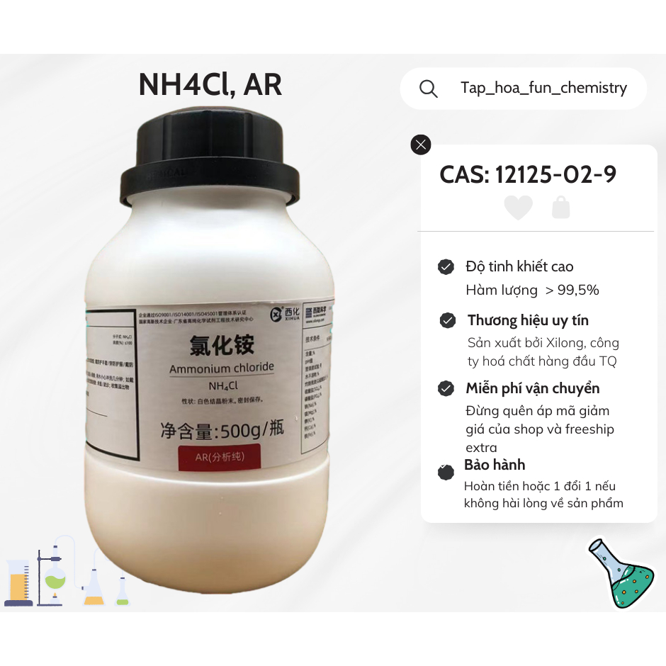 NH4Cl, Amoni clorua, hoá chất thí nghiệm, giảng dạy, Ammonium chloride ...