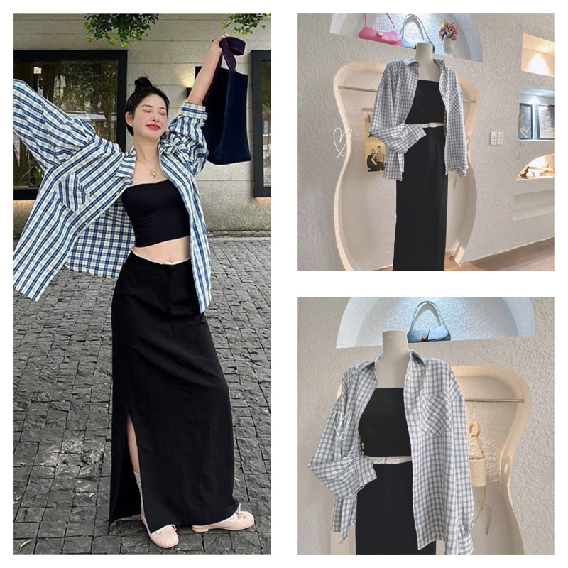 Set 3 món áo sơ mi kẻ kèm áo dây, chân váy midi đen dáng dài năng động ...