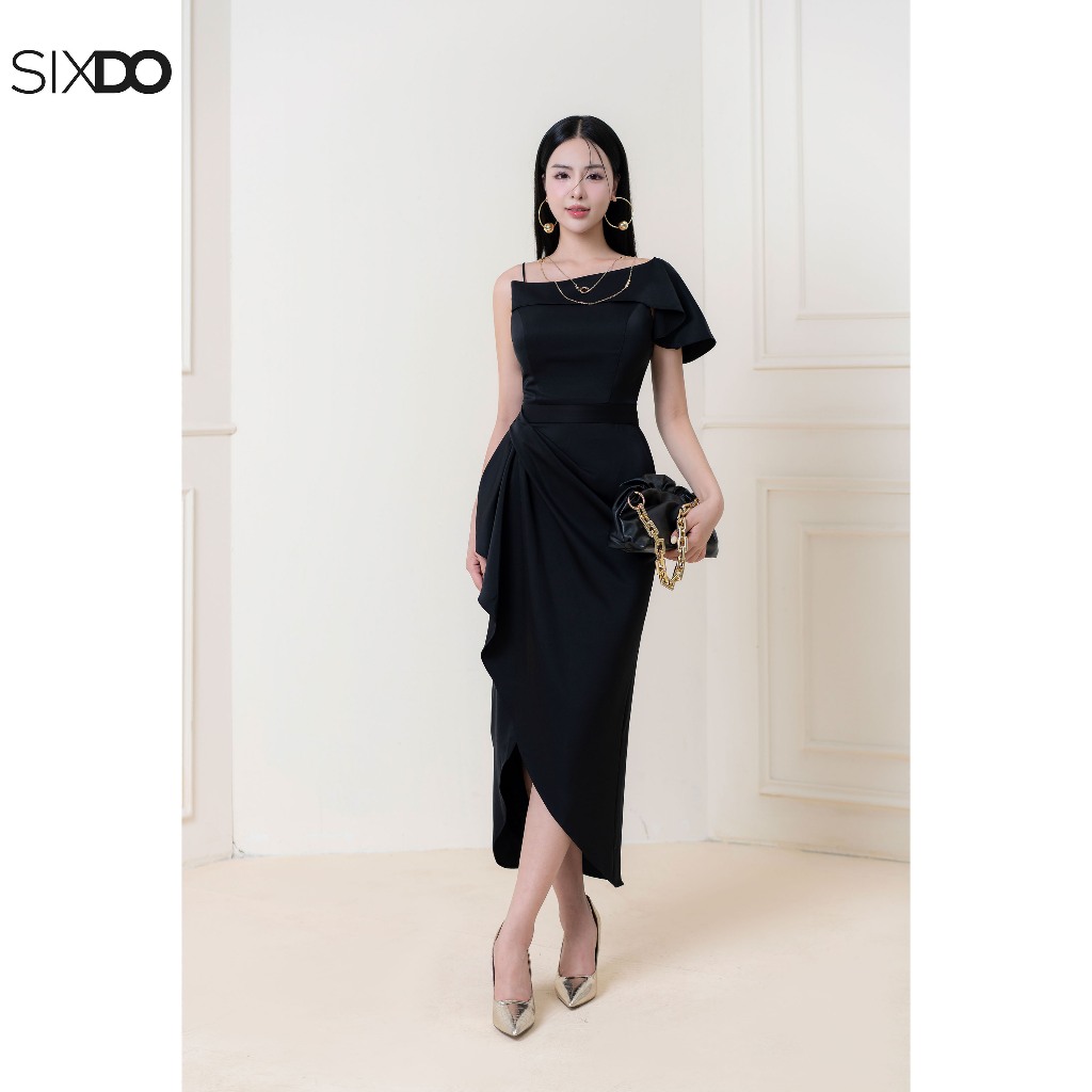 Đầm ôm lệch vai phối vạt eo SIXDO (Black Silk Sarong Dress) | Shopee ...