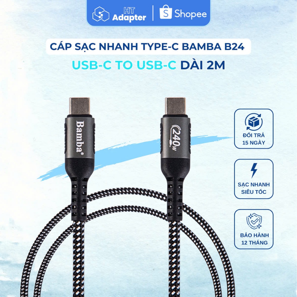 Cáp sạc nhanh type C 240W Bamba B24 USB-C to USB-C thích hợp cho các thiết bị có cổng type C ...