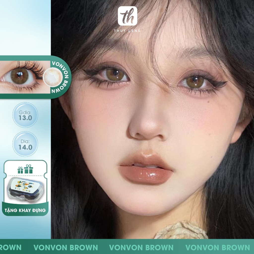 [TẶNG KHAY ĐỰNG] Kính áp tròng THÚY LENS màu nâu vàng tự nhiên cận từ 0 - 8 độ Vonvon Brown ...