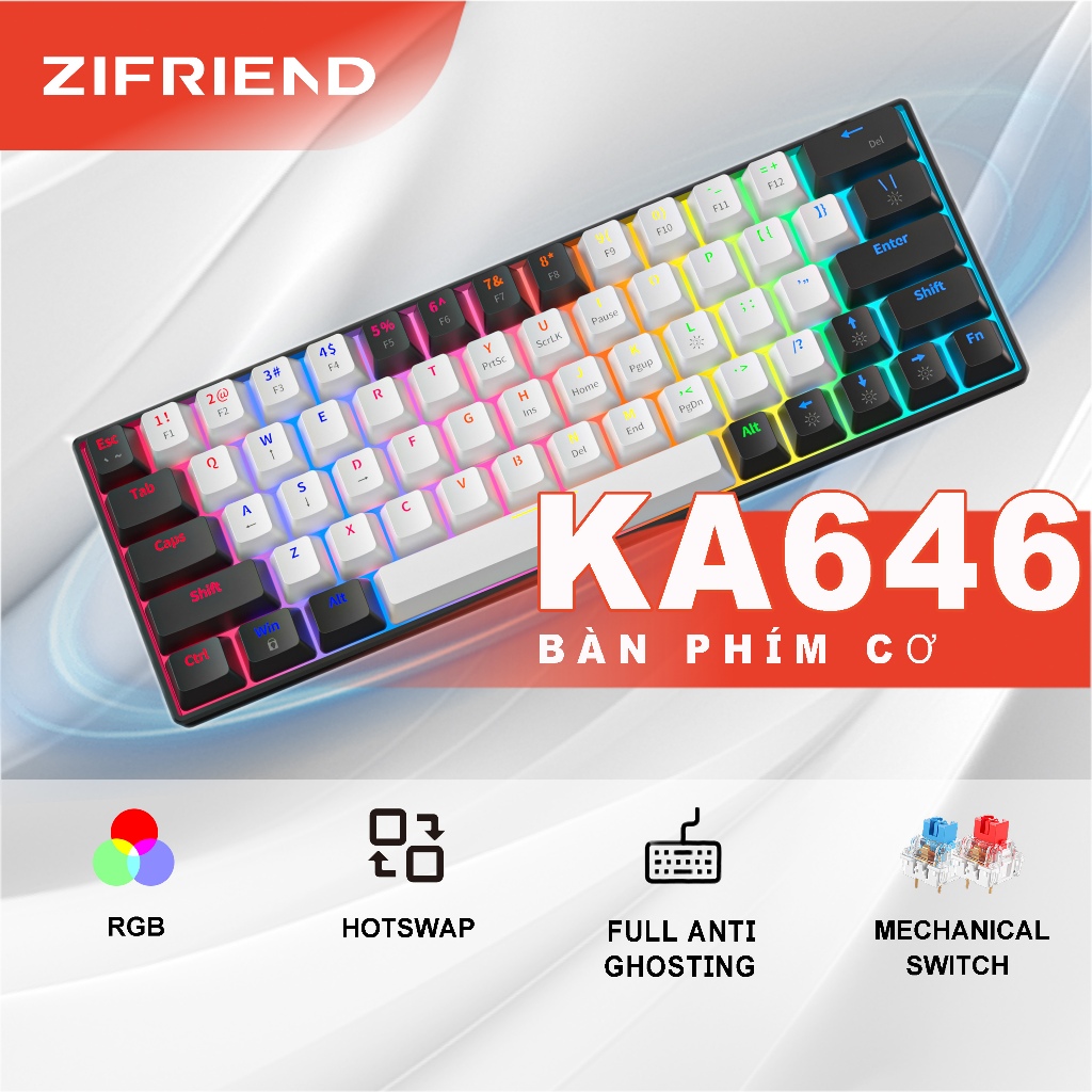 Zifriend Bàn phím cơ 63 phím KA646 Bàn phím chơi game có dây led ...